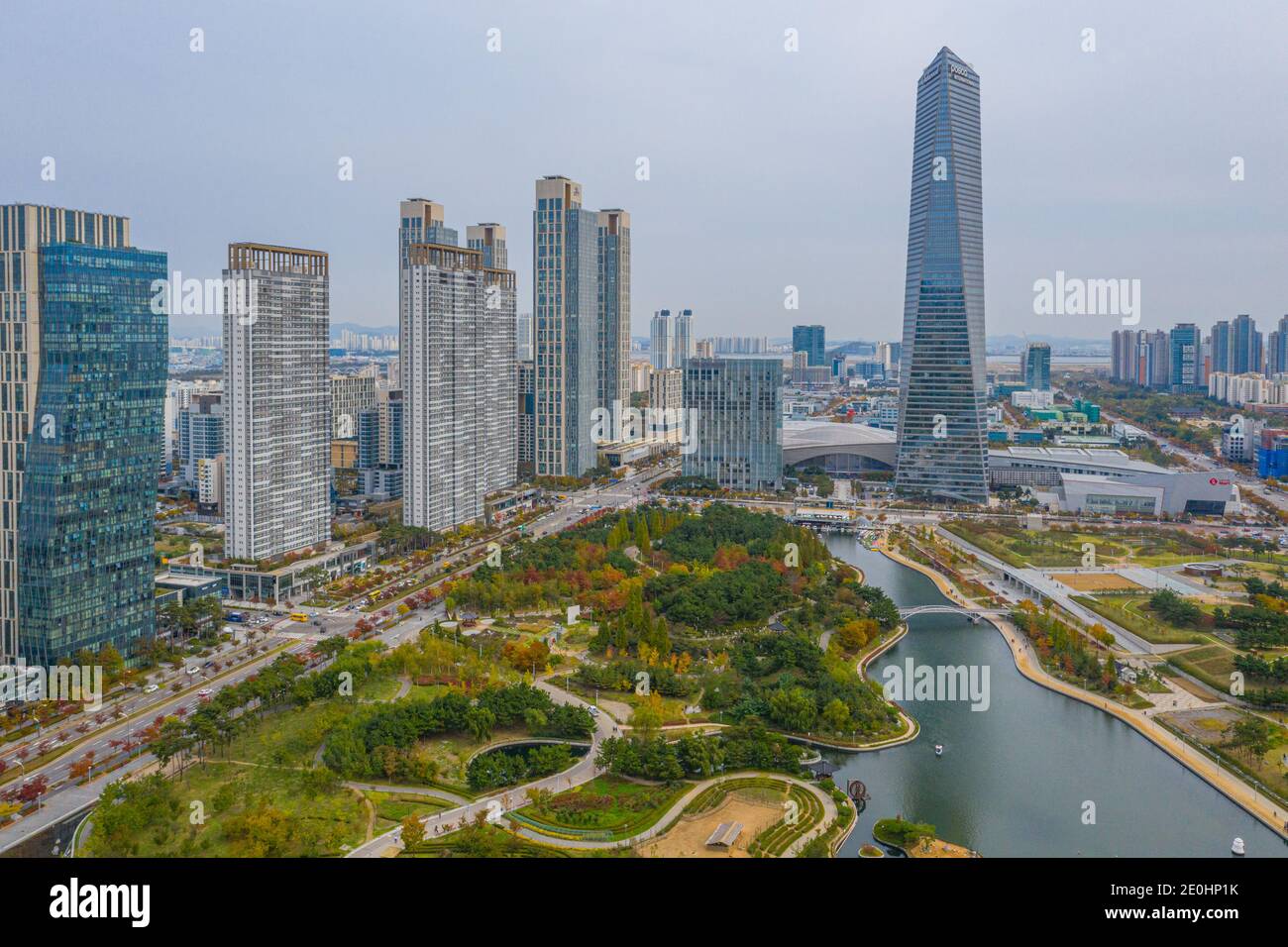 INCHEON, KOREA, OCTOBER 25, 2019: Aerial view of Songdo park in Incheon ...
