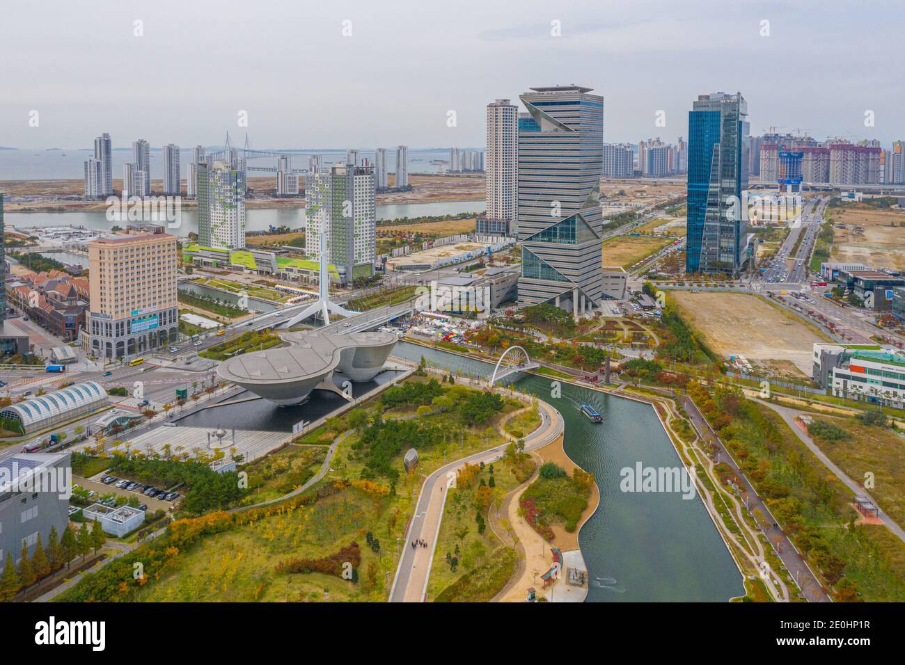 INCHEON, KOREA, OCTOBER 25, 2019: Aerial view of Songdo park in Incheon ...