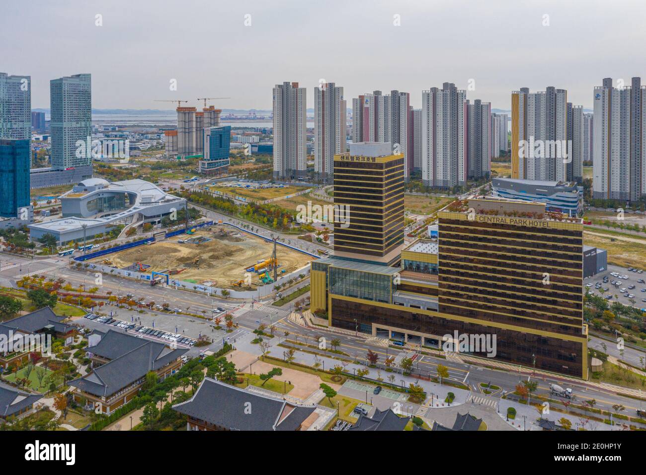 INCHEON, KOREA, OCTOBER 25, 2019: Aerial view of Songdo park in Incheon ...