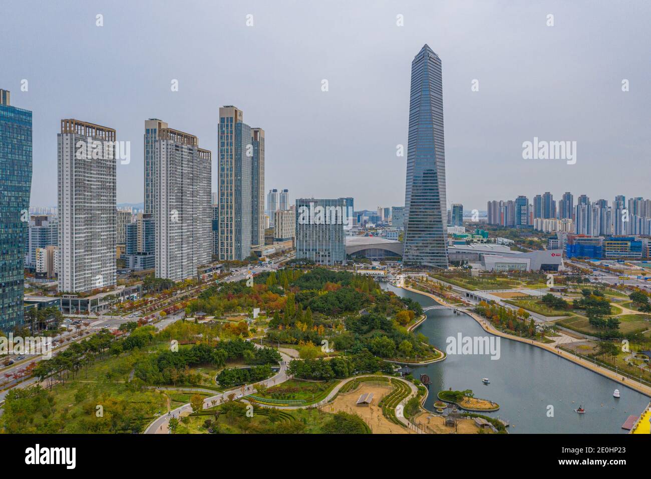 INCHEON, KOREA, OCTOBER 25, 2019: Aerial view of Songdo park in Incheon ...