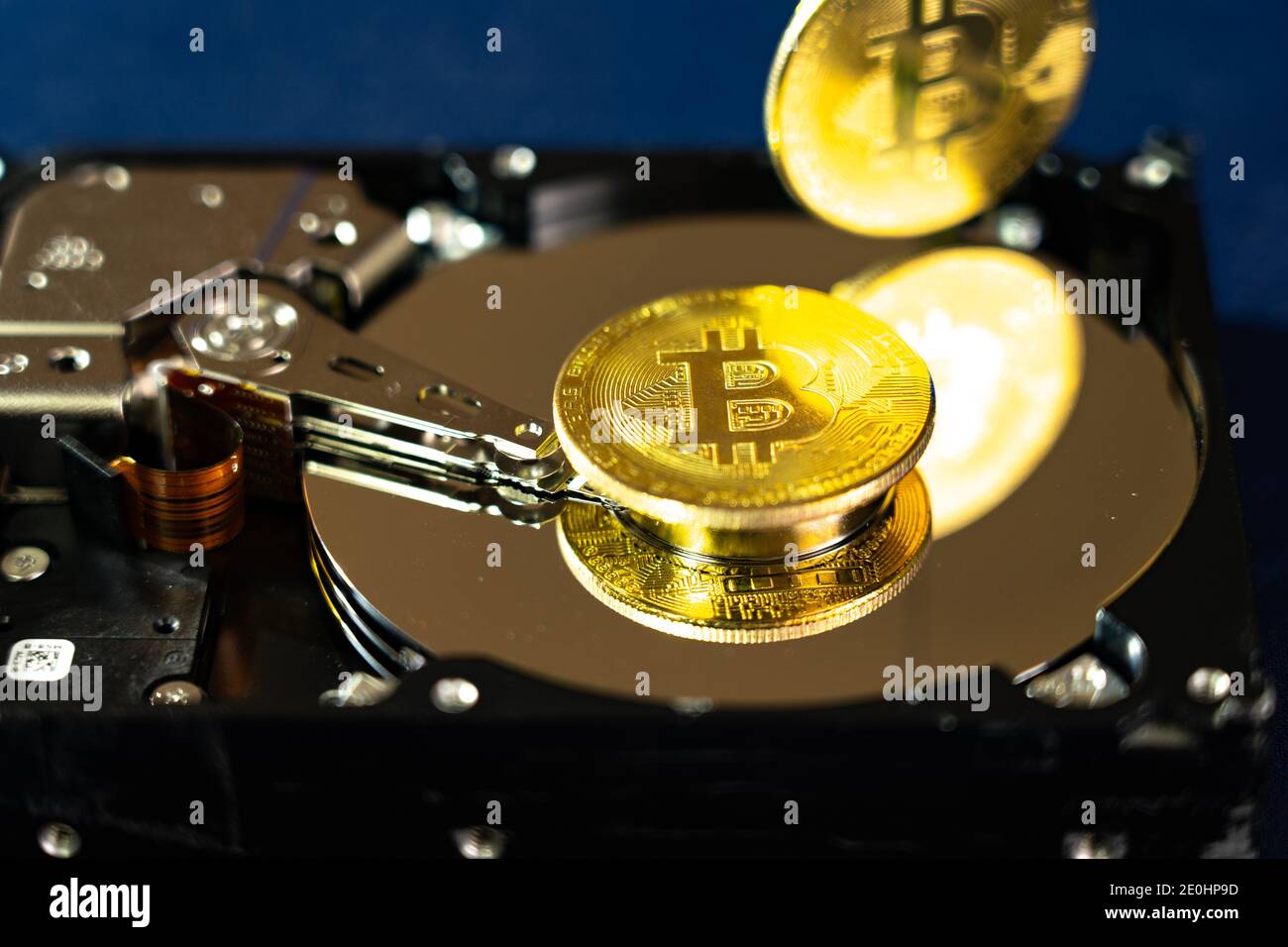 Bitcoin Coins on HDD or Harddrive, macro. Cyber Security Concept, Data ...