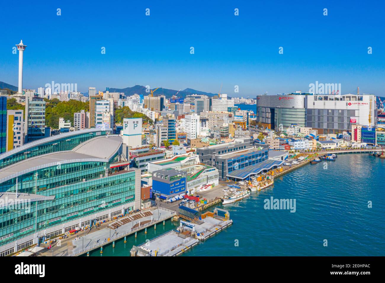 BUSAN, KOREA, OCTOBER 30, 2019: Aerial view of landscape of Busan with ...