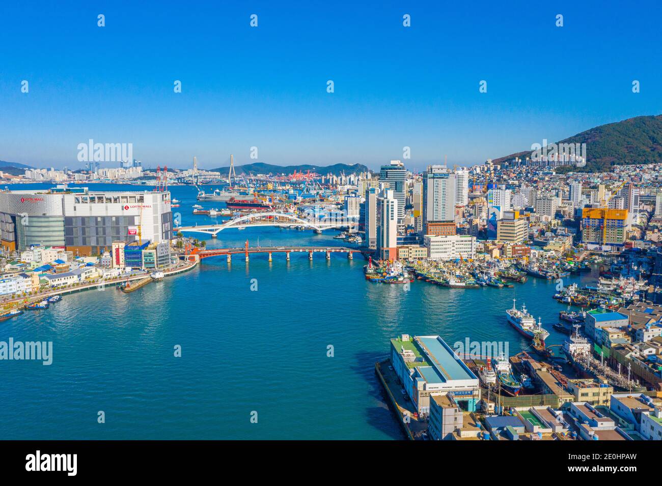 BUSAN, KOREA, OCTOBER 30, 2019: Aerial view of fishing port of Busan ...