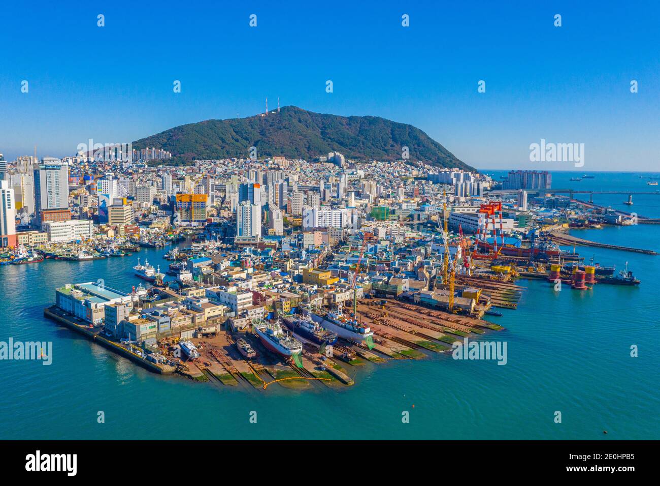 BUSAN, KOREA, OCTOBER 30, 2019: Aerial view of fishing port of Busan ...