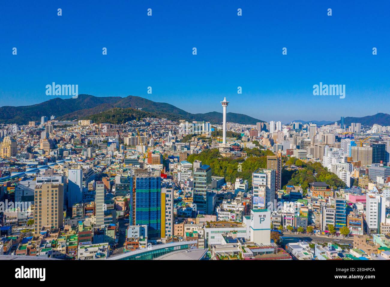 BUSAN, KOREA, OCTOBER 30, 2019: Aerial view of Busan dominated by Busan ...