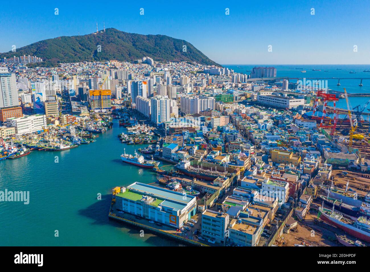 BUSAN, KOREA, OCTOBER 30, 2019: Aerial view of fishing port of Busan ...