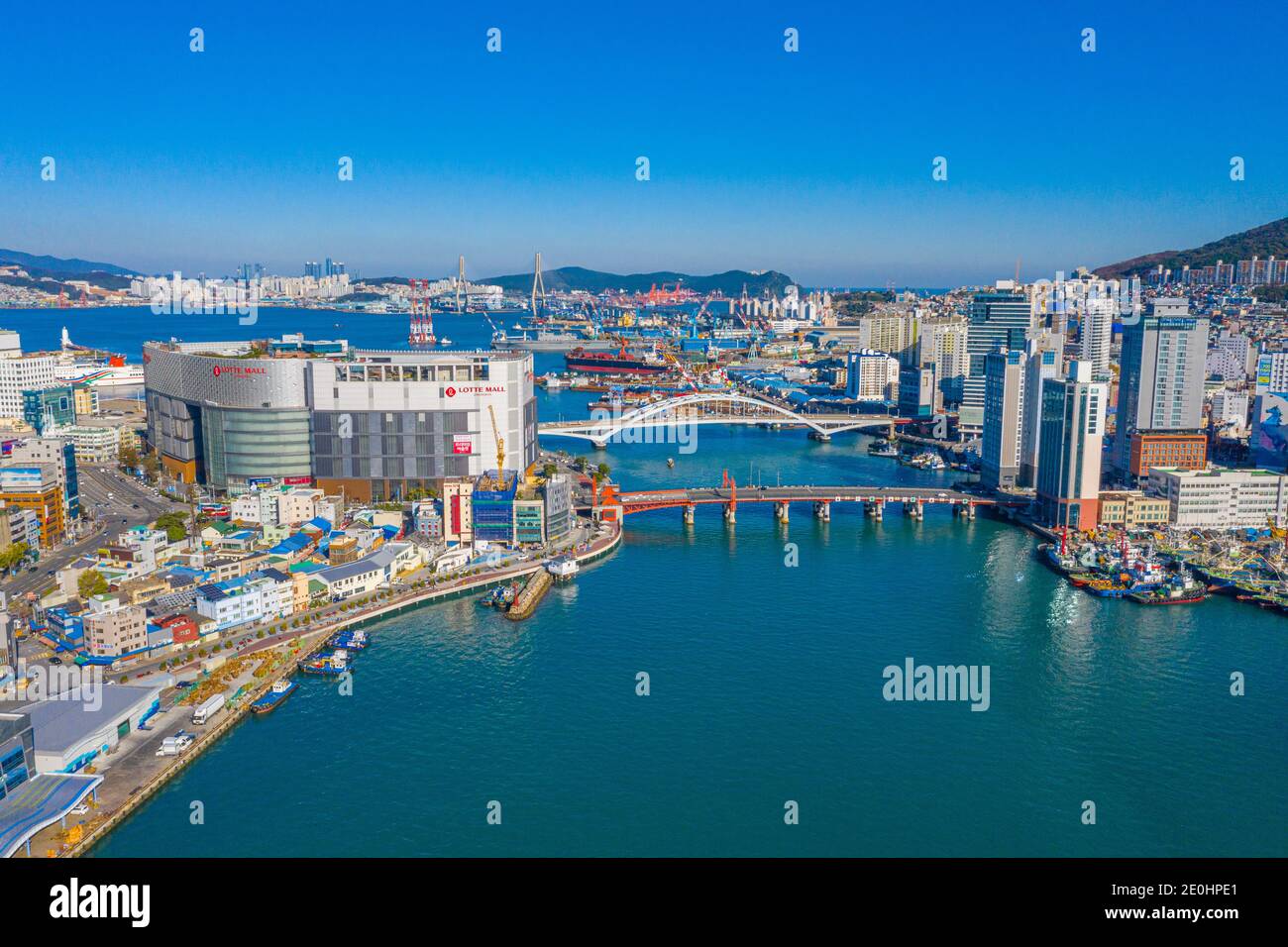BUSAN, KOREA, OCTOBER 30, 2019: Aerial view of fishing port of Busan ...