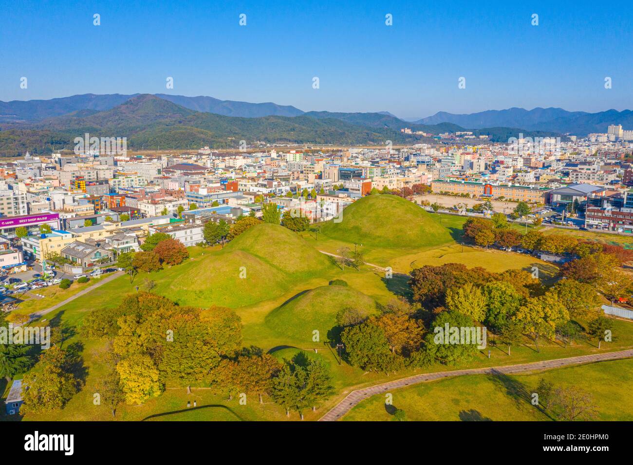 BUSAN, KOREA, OCTOBER 31, 2019: Aerial view of burial tombs in center ...