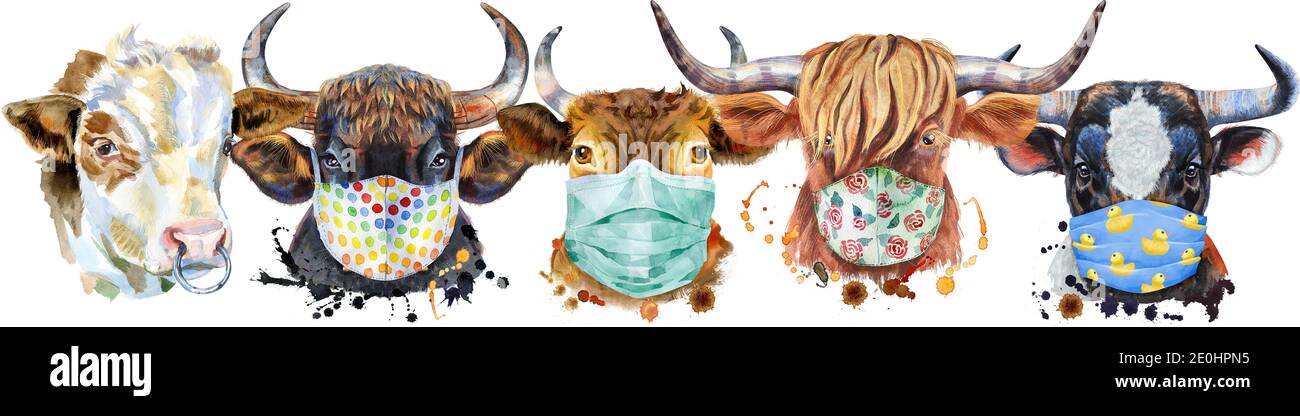 Cute border from watercolor portraits of bulls. For t-shirt graphics ...