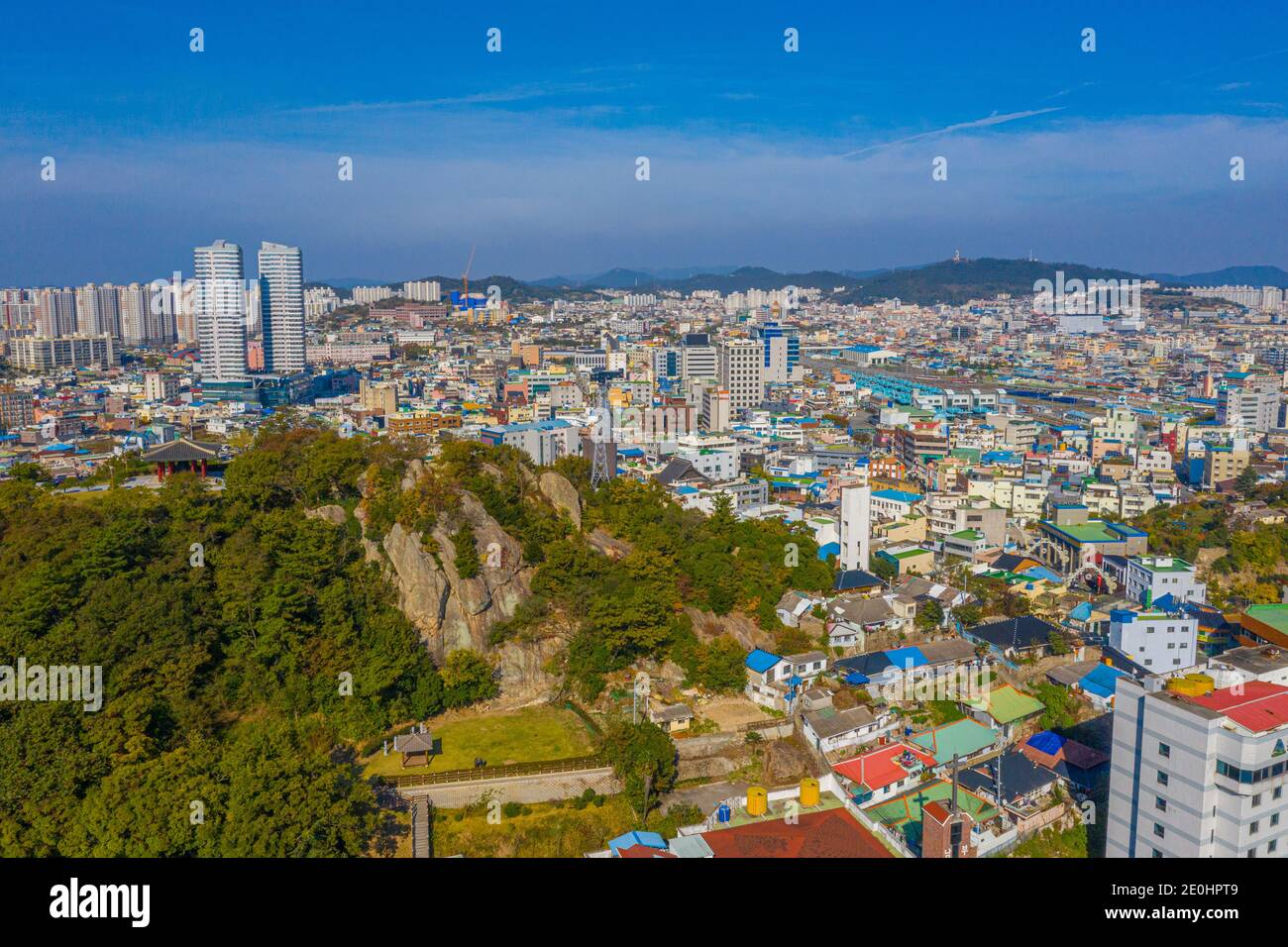 MOKPO, KOREA, NOVEMBER 6, 2019: Aerial view of Mokposisa pavilion and ...