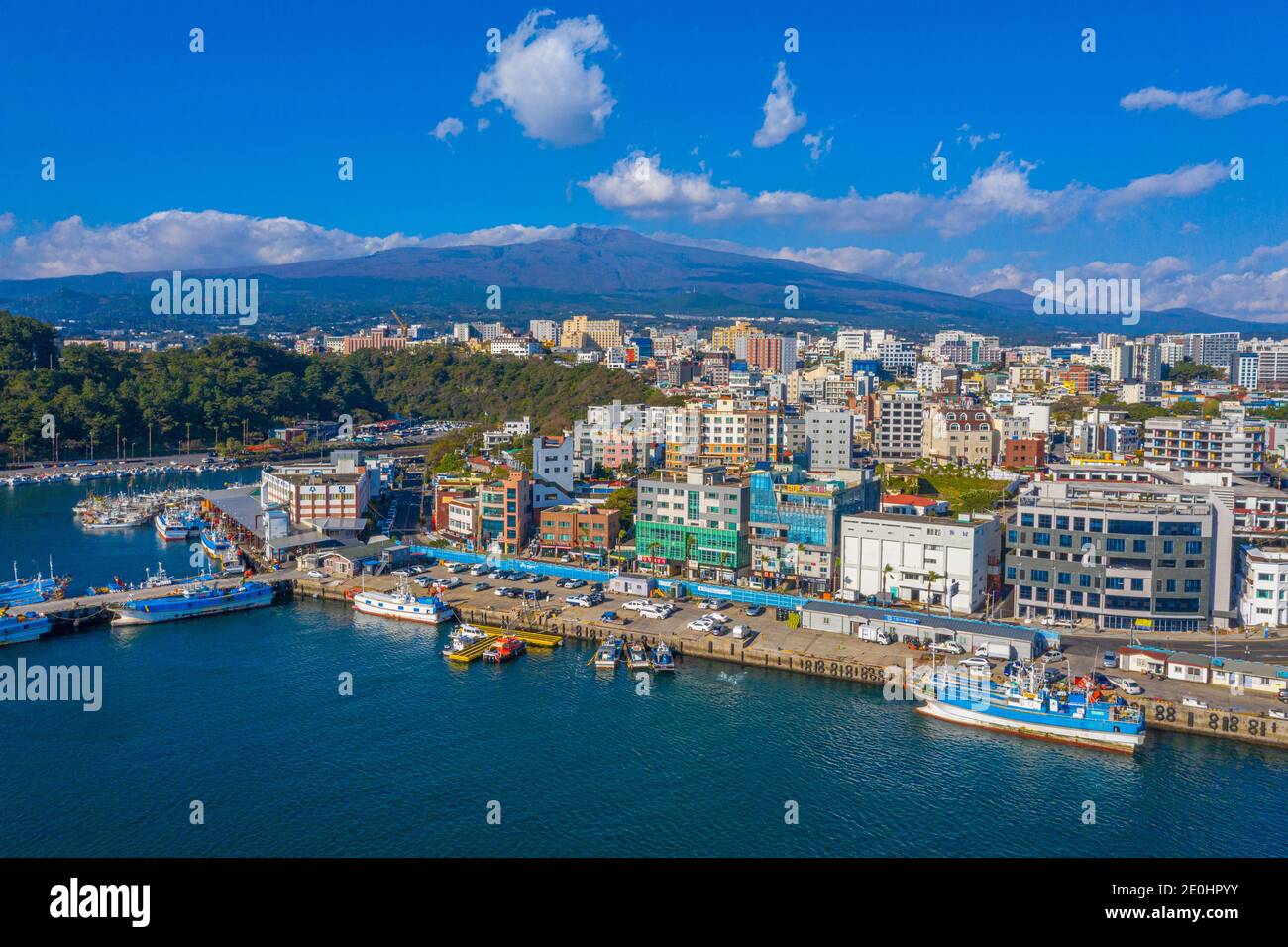 SEOGWIPO, KOREA, NOVEMBER 11, 2019: Aerial view of waterfront of ...