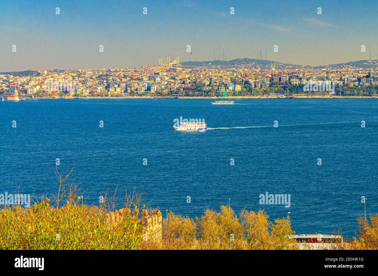 Cityscape of Istanbul city historical centre with ship boat sailing ...