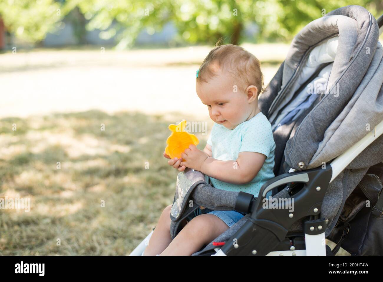 Baby sitting in stroller , nature background with copy space. childhood ...