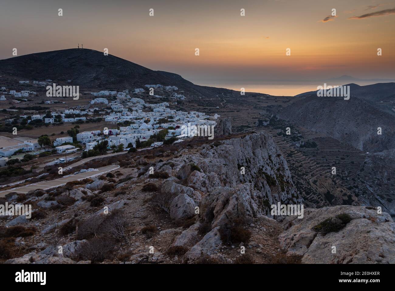 Chora, Folegandros Island, Greece- 23 September 2020: Sunset over the ...