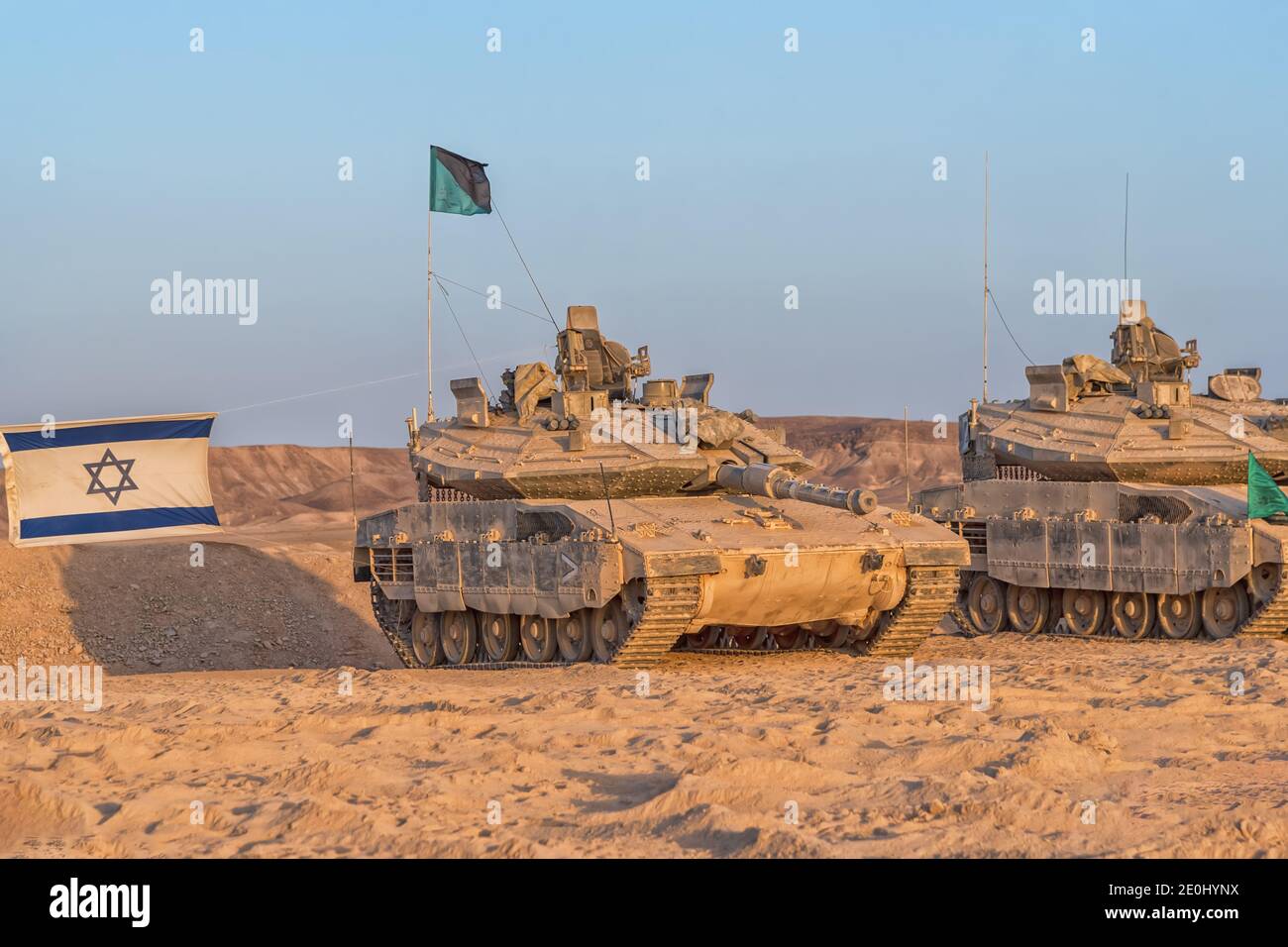 Independence Day in Israel. Tanks with national flag in the desert ...
