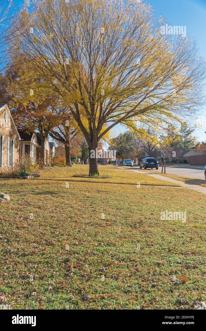 Typical suburban corner house with colorful fall foliage in suburbs ...