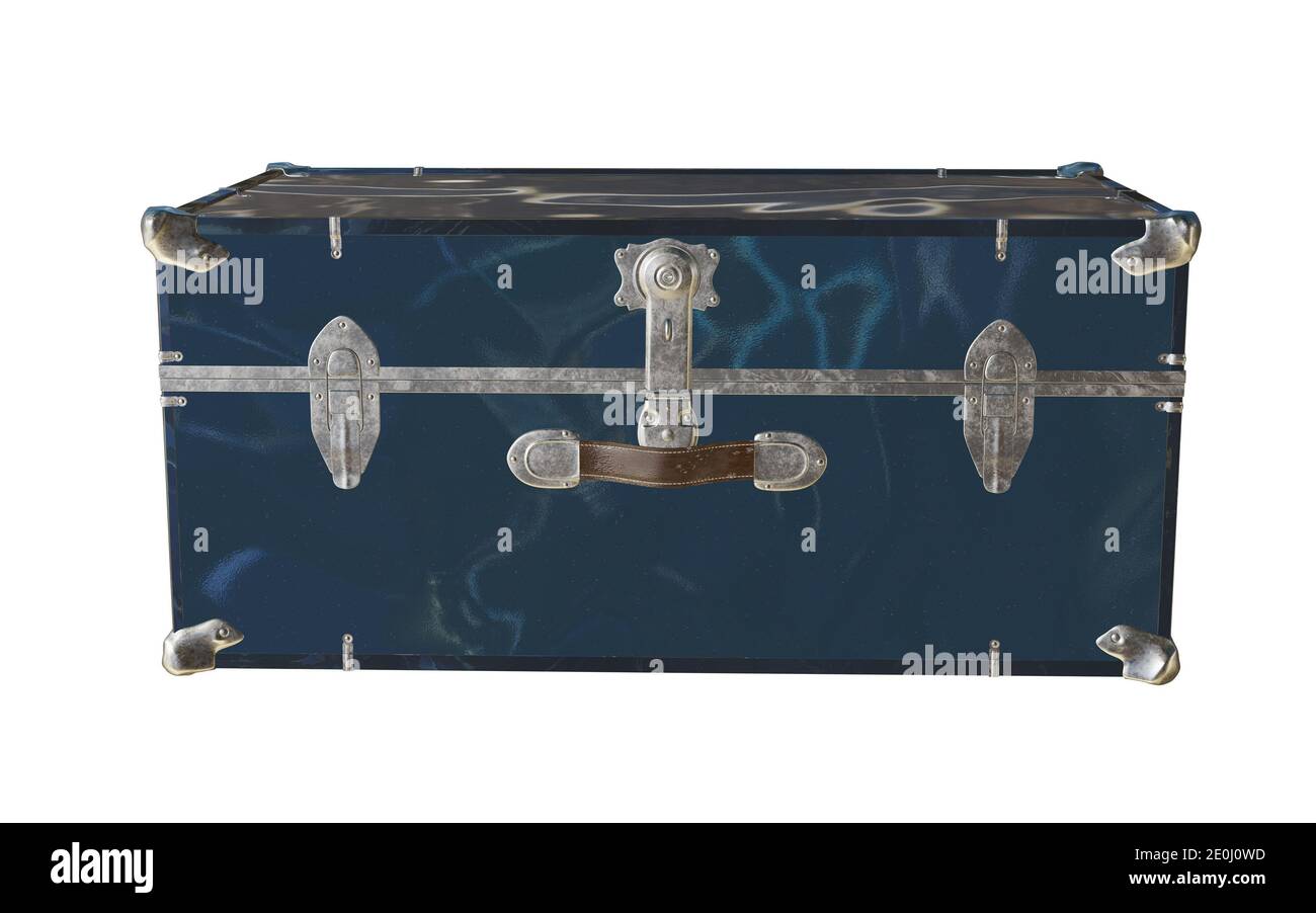 Vintage blue steamer trunk standing on rustic planks with ocean ...