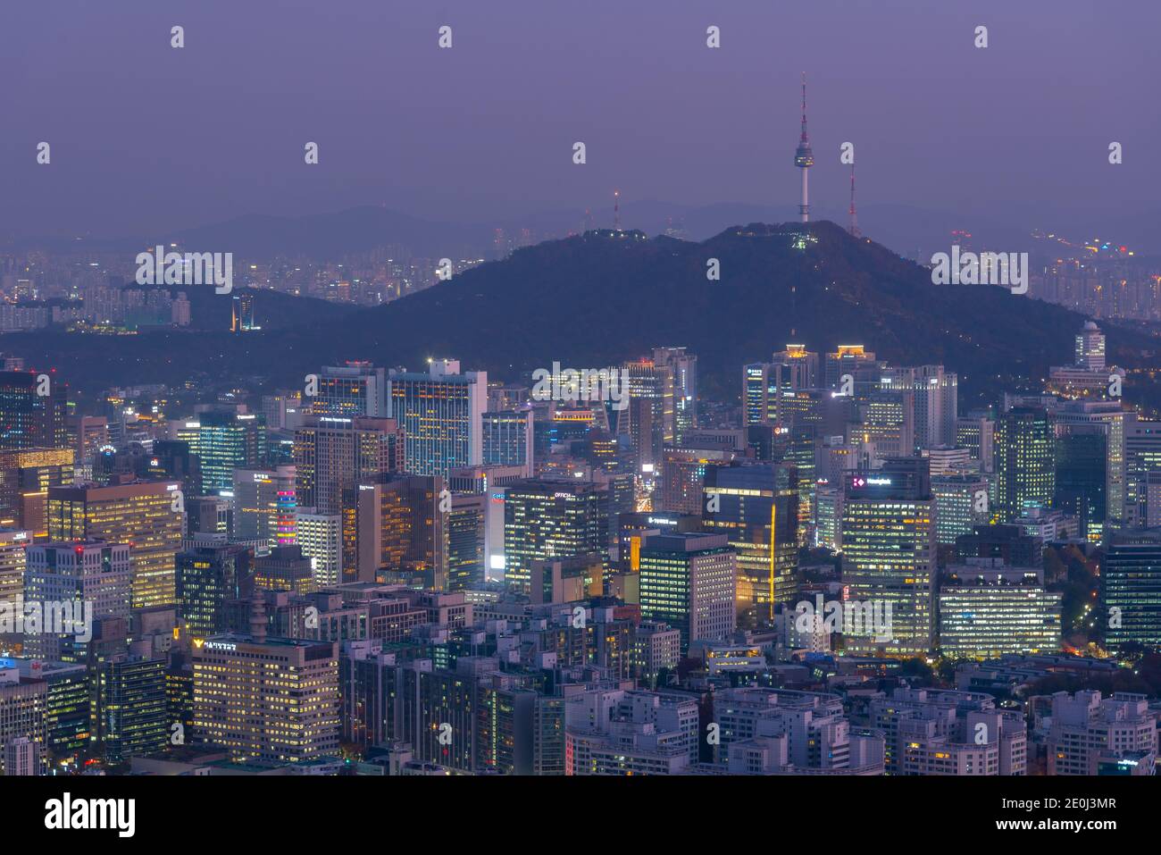 SEOUL, KOREA, NOVEMBER 7, 2019: Night view of Namsan tower overlooking ...