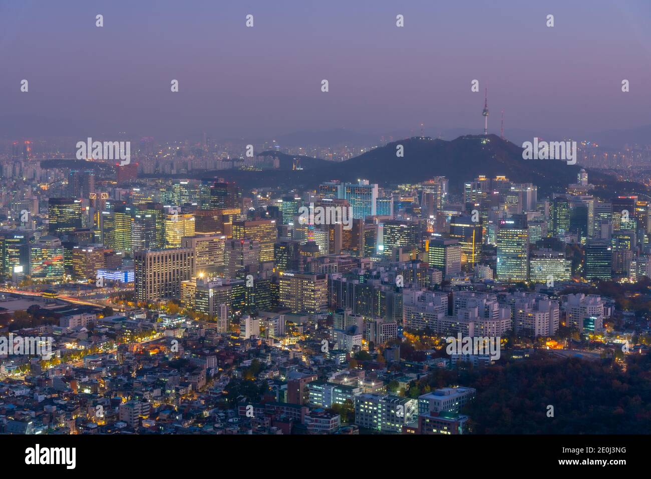 SEOUL, KOREA, NOVEMBER 7, 2019: Night view of Namsan tower overlooking ...