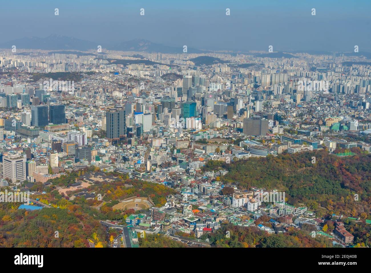 SEOUL, KOREA, NOVEMBER 7, 2019: Aerial view of downtown seoul from ...