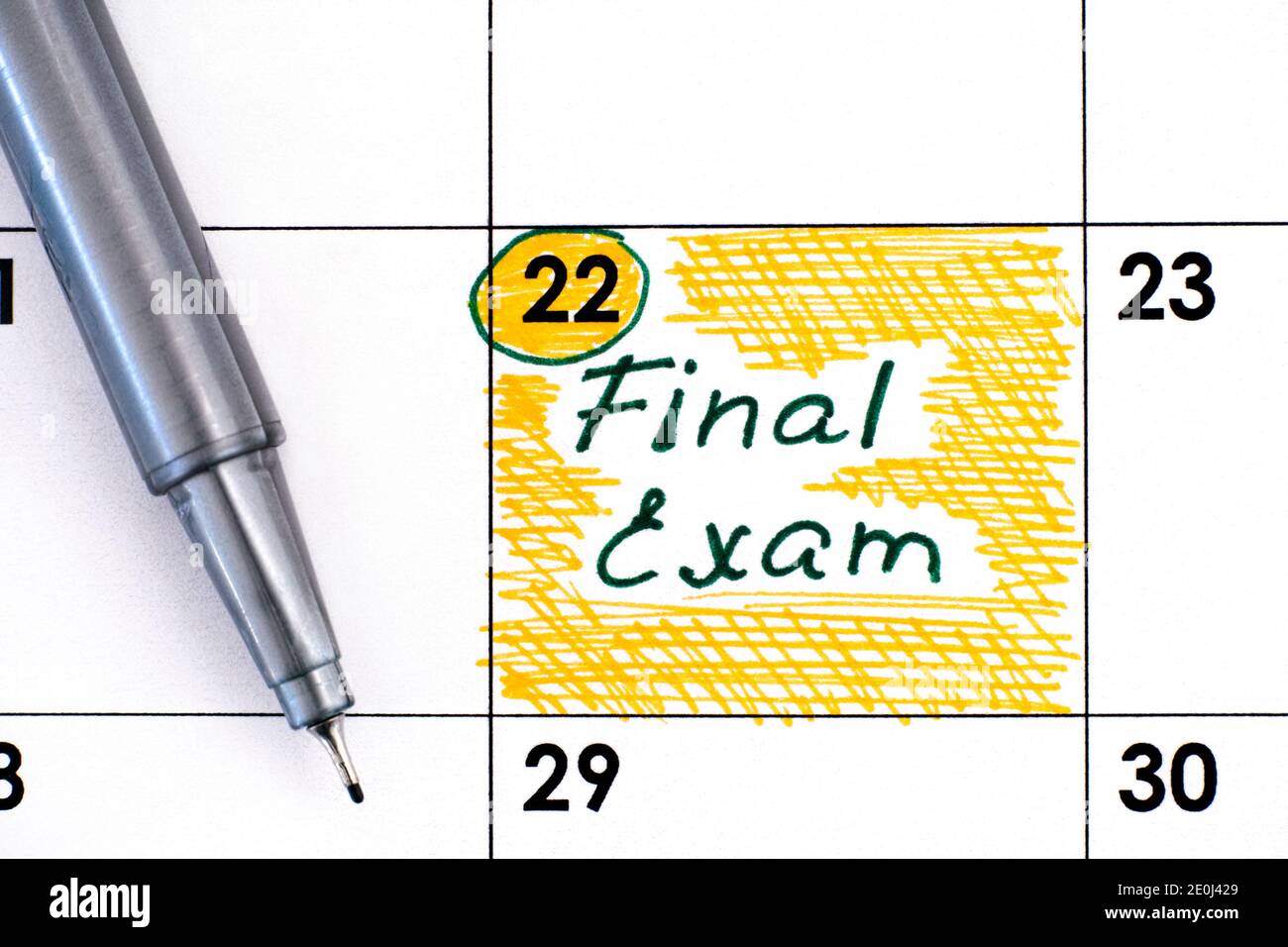 Reminder Final Exam in calendar with pen. Close-up Stock Photo - Alamy