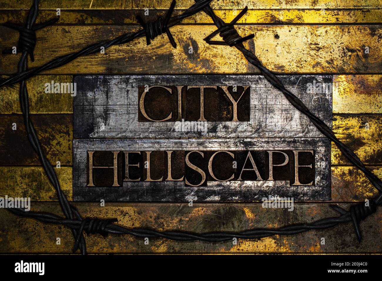 City Hellscape text message on textured grunge copper and vintage gold ...
