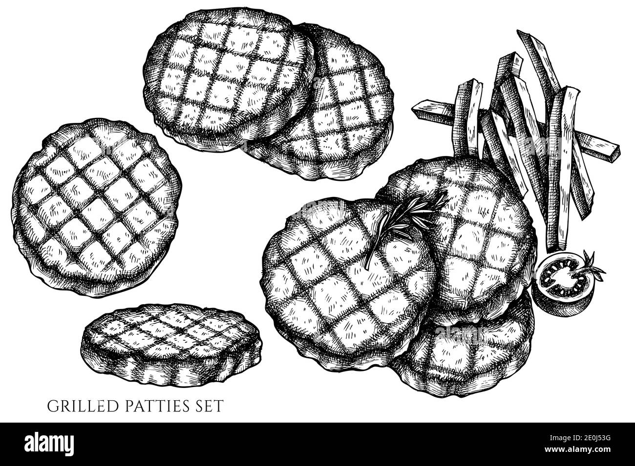 Vector set of hand drawn black and white grilled burger patties Stock ...