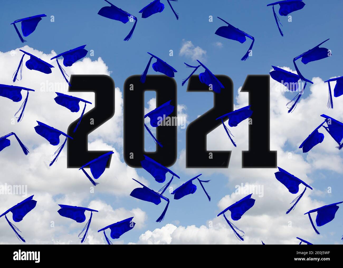 airborne blue graduation caps with 2021 text in blue sky with clouds ...