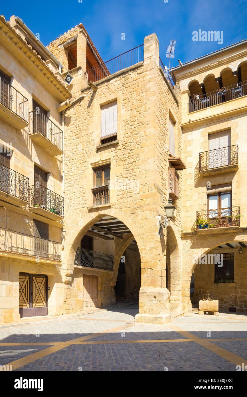 Entrance to the arcaded square of the historic center of Calaceite ...