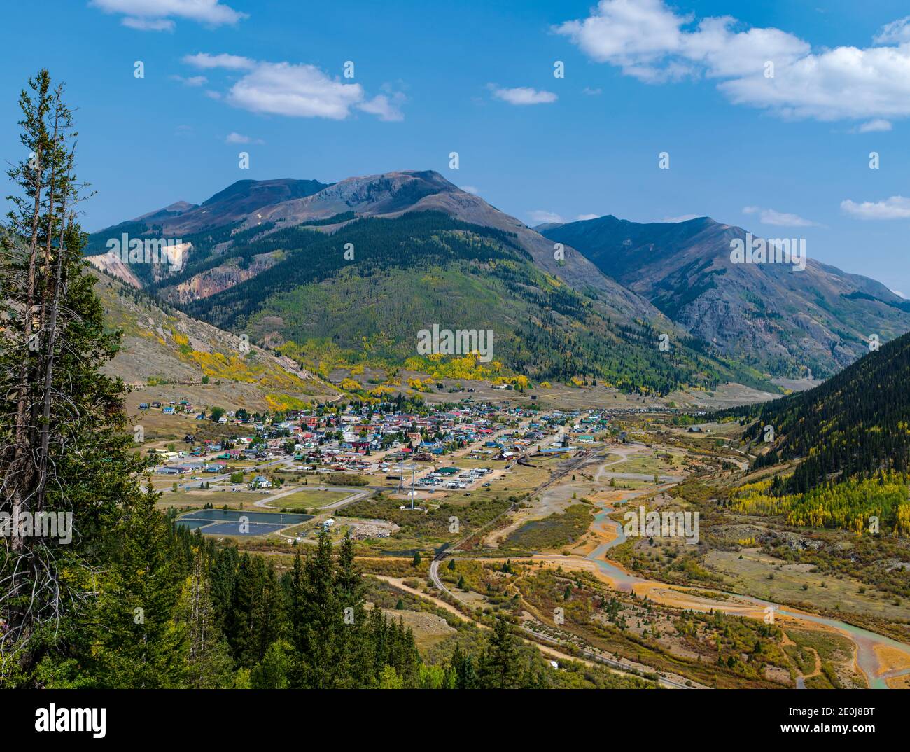 Elevated fall view of Silverton, Colorado nestled among the mountains ...