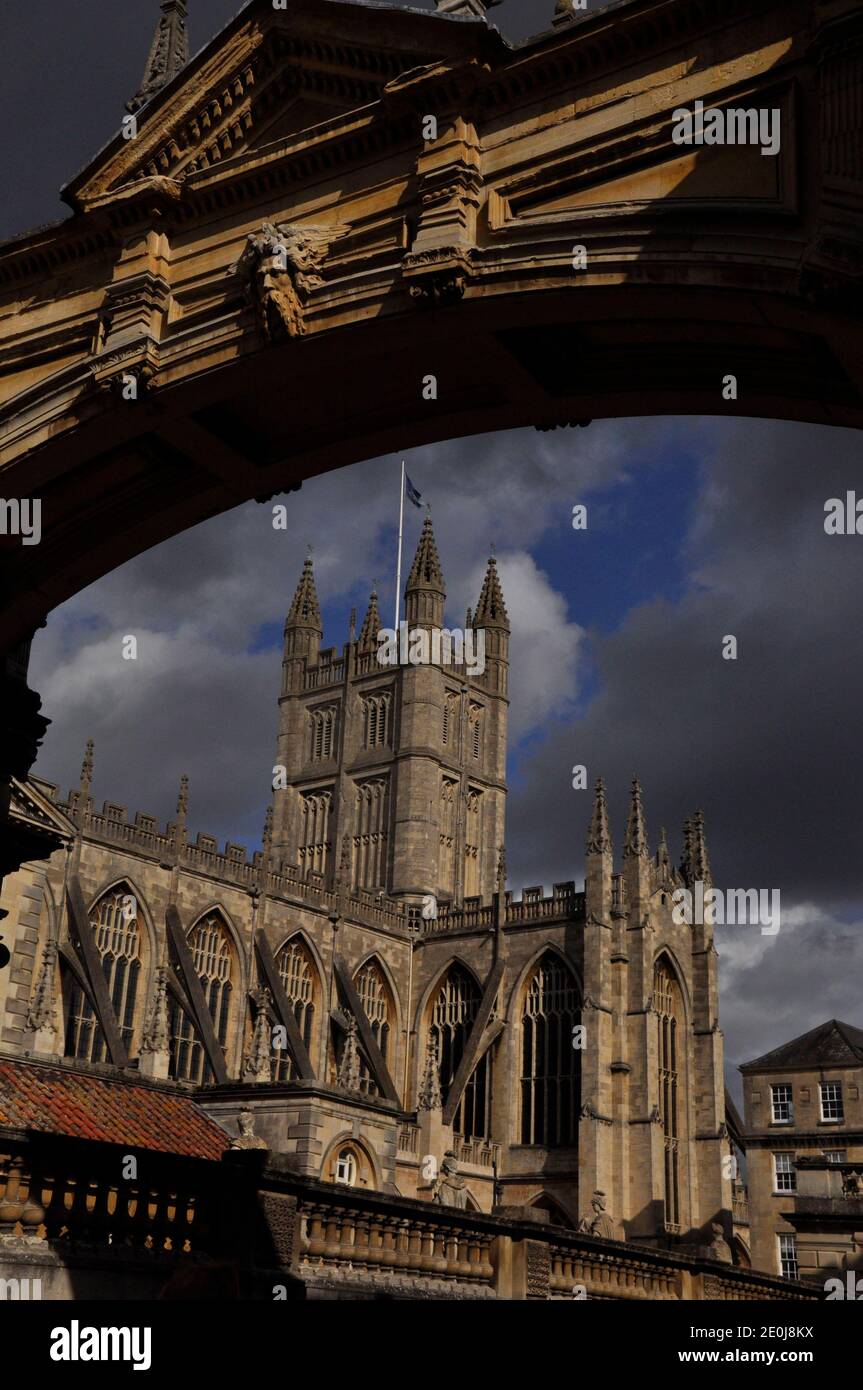 Bath Abbey viewed from under the bridge over York street in the ...