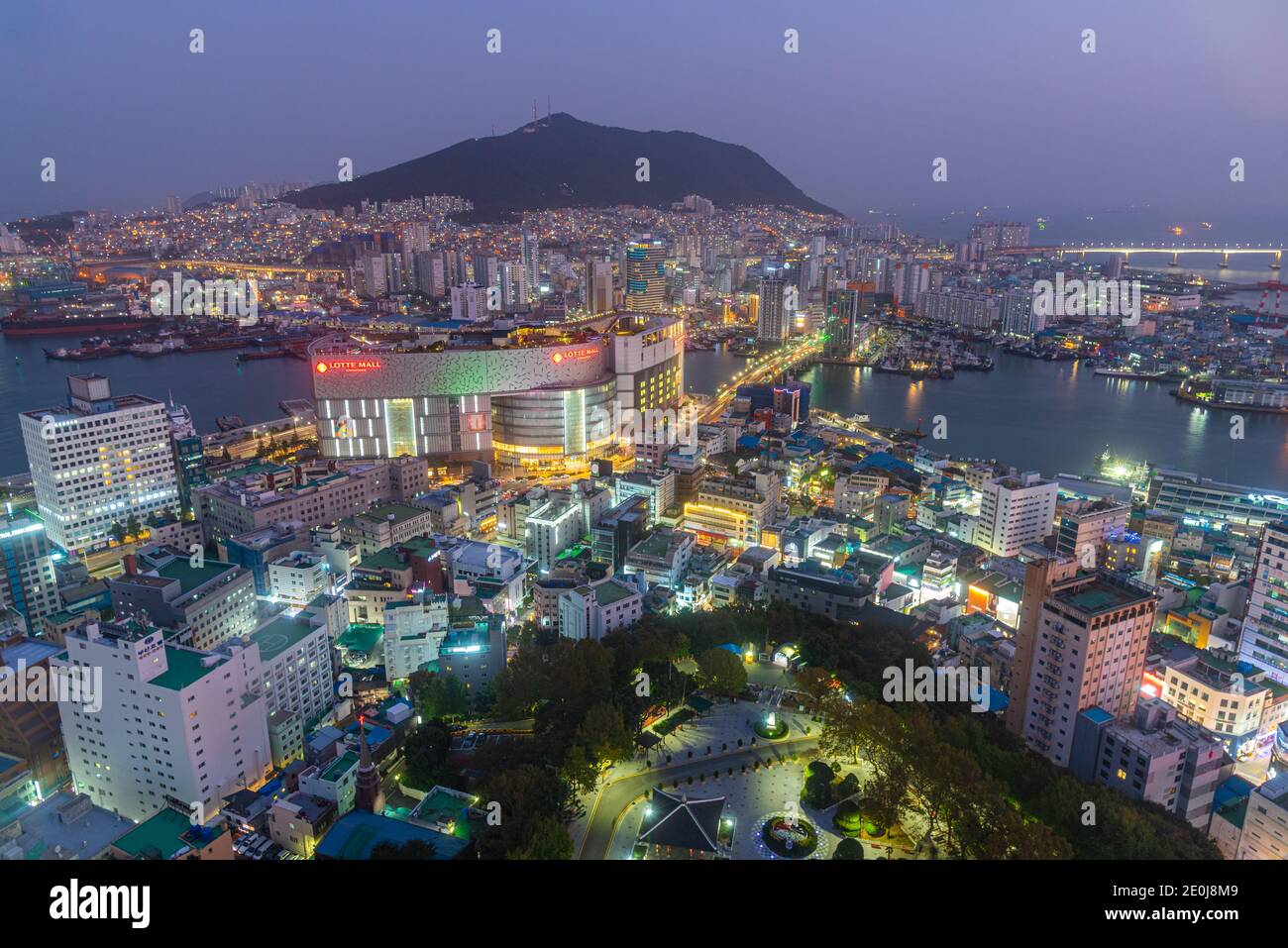 BUSAN, KOREA, OCTOBER 29, 2019: Night aerial view of port area of Busan ...