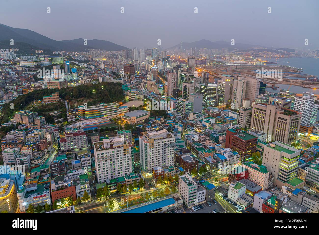 BUSAN, KOREA, OCTOBER 29, 2019: Night aerial view of downtown Busan ...