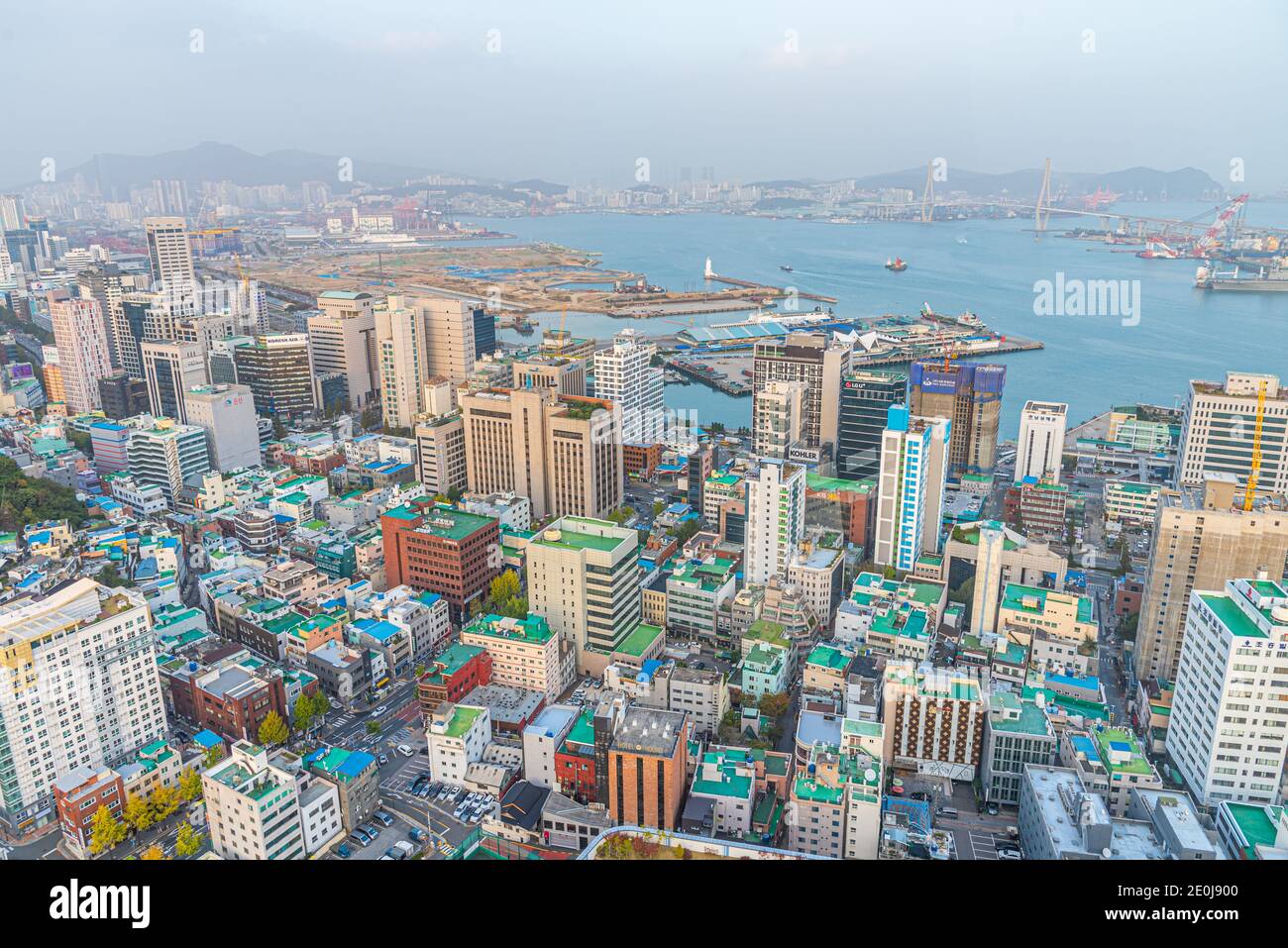 BUSAN, KOREA, OCTOBER 29, 2019: Sunset aerial view of port area of ...
