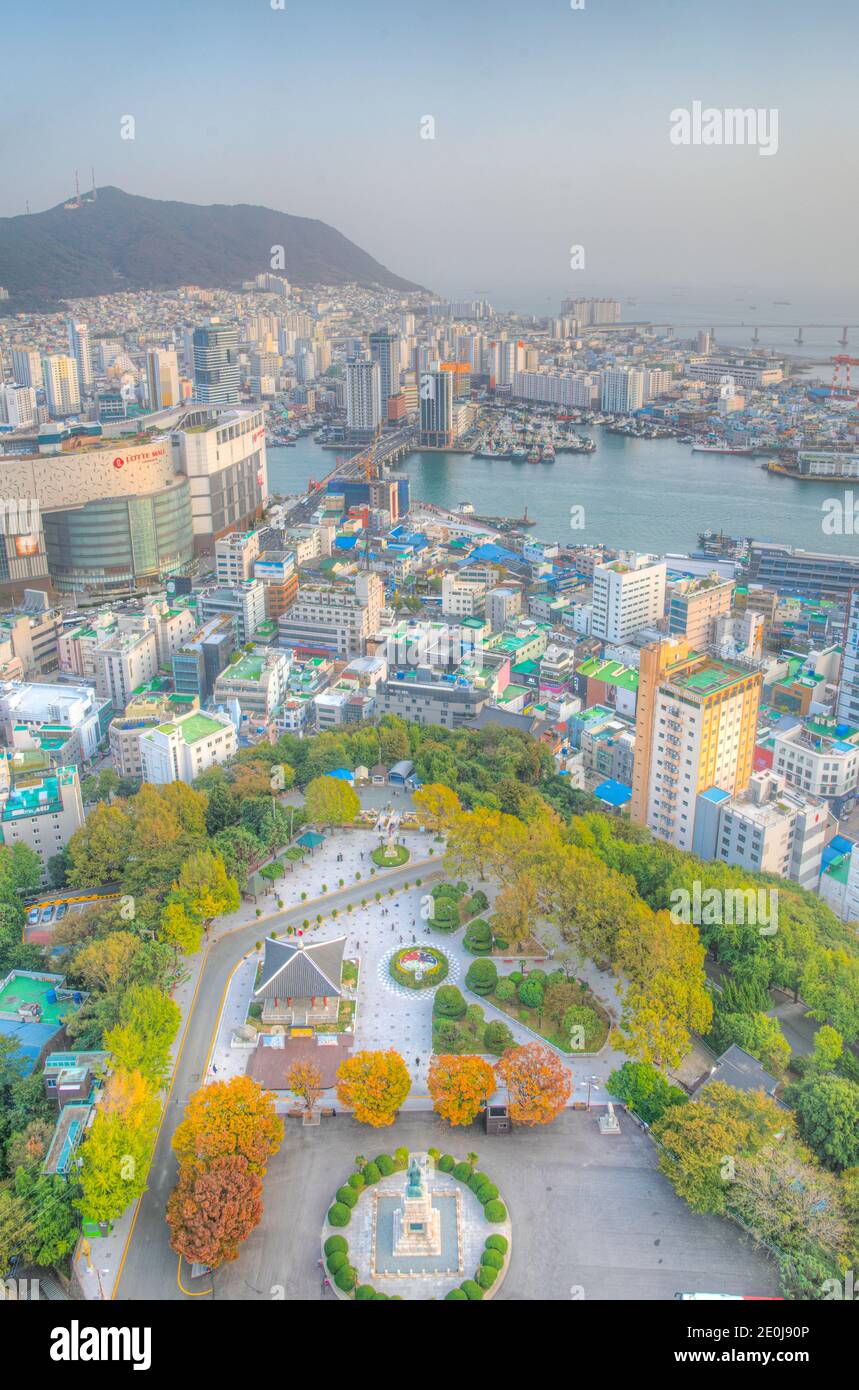 BUSAN, KOREA, OCTOBER 29, 2019: Sunset aerial view of port area of ...