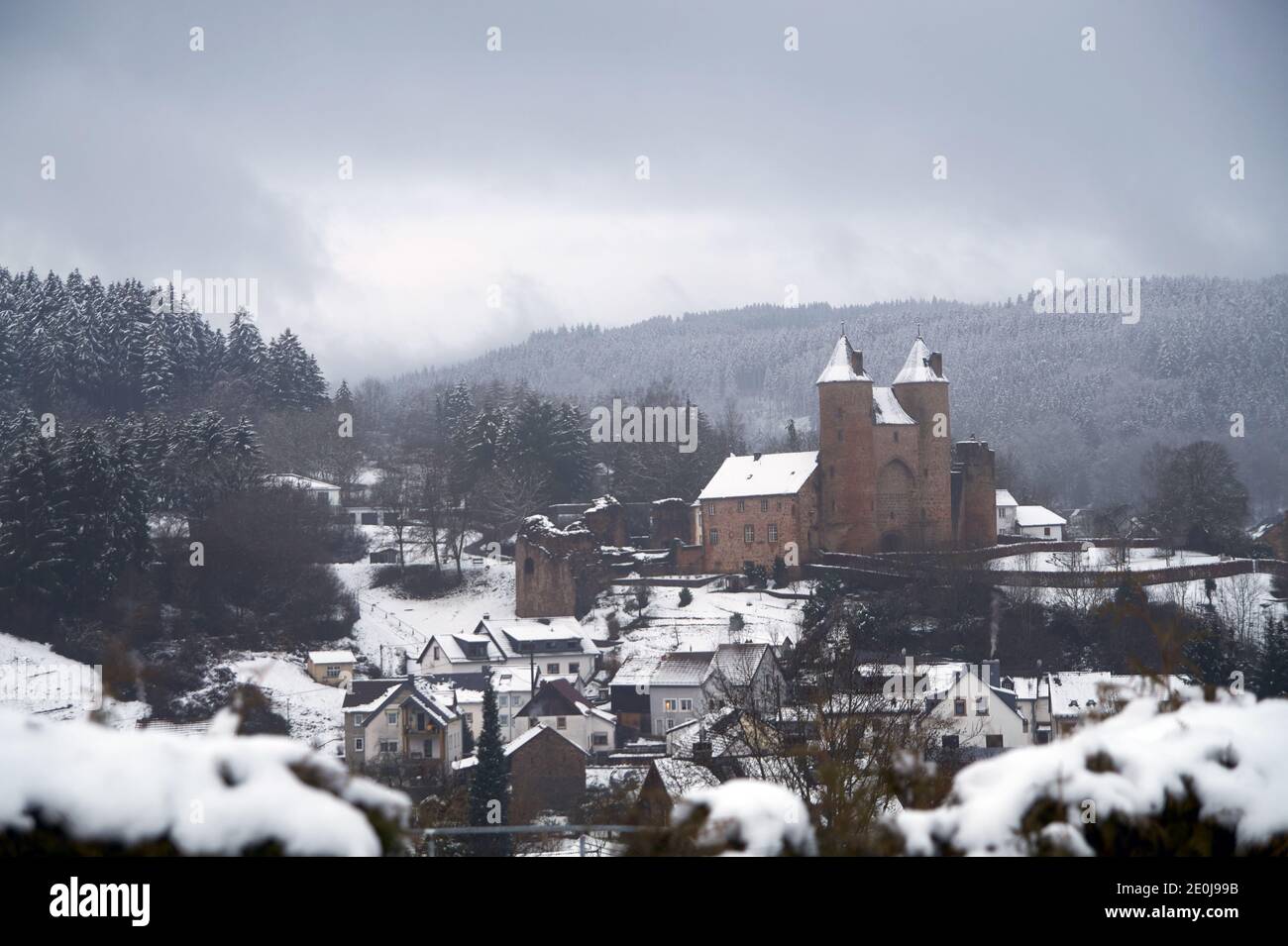landscape photo in winter with snow, fog and trees Stock Photo - Alamy