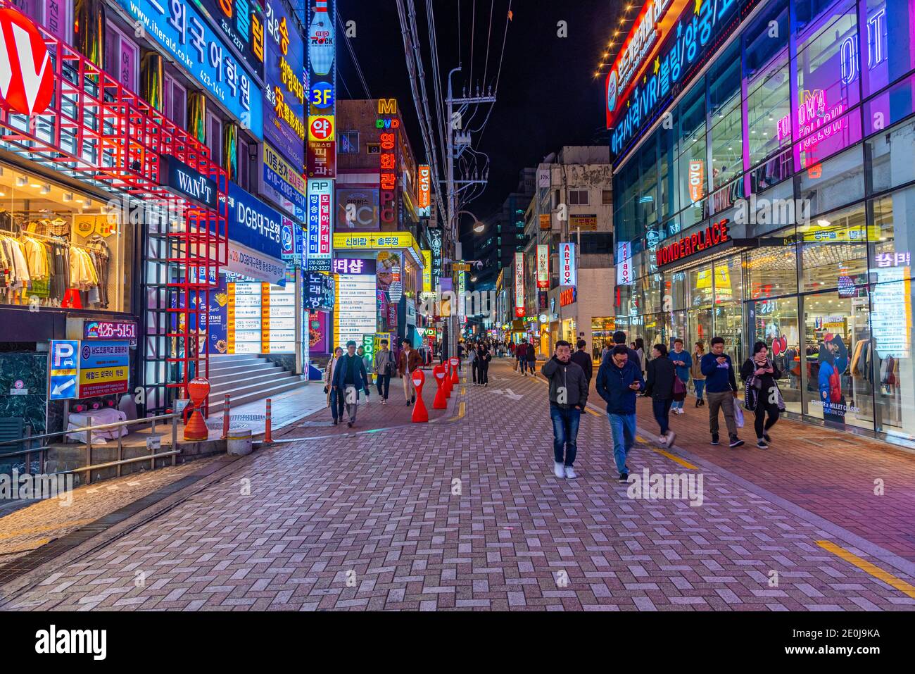 DAEGU, KOREA, OCTOBER 28, 2019: Night view of a narrow street in the ...