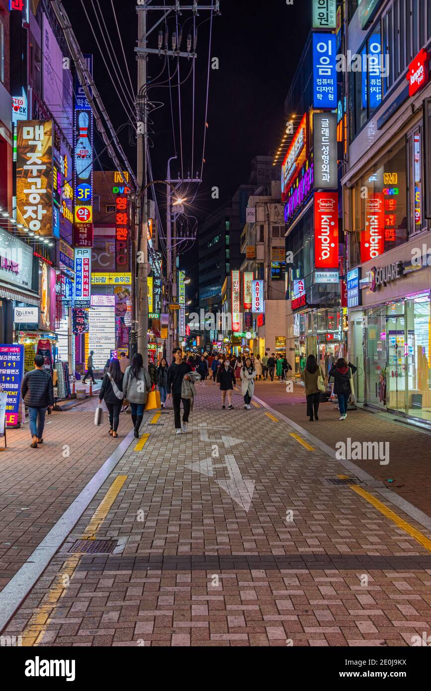 DAEGU, KOREA, OCTOBER 28, 2019: Night view of a narrow street in the ...