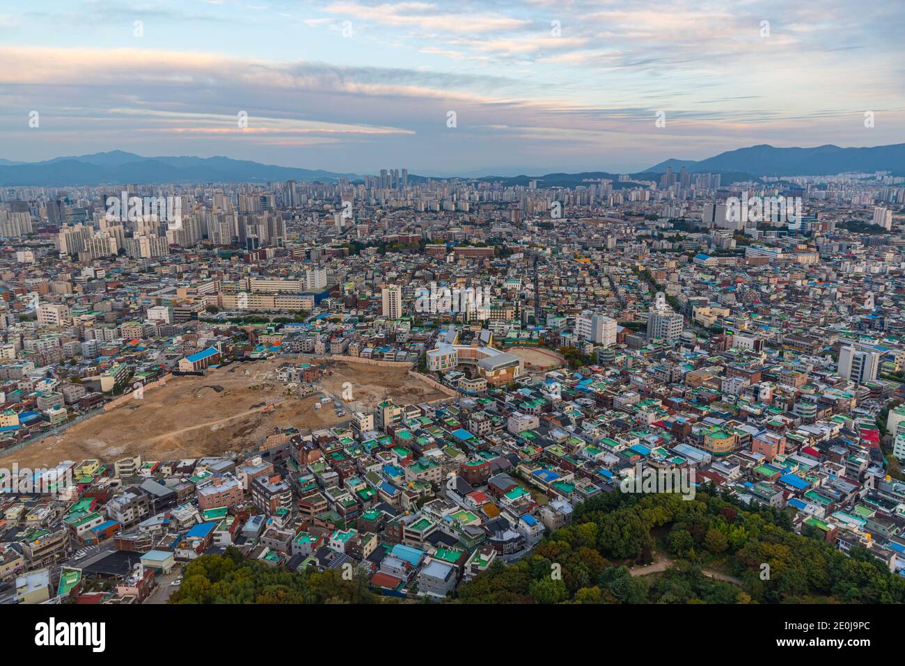 DAEGU, KOREA, OCTOBER 28, 2019: Sunset aerial view of downtown Daegu ...