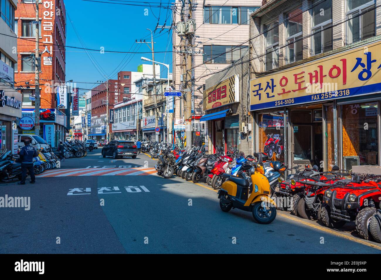 DAEGU, KOREA, OCTOBER 28, 2019: Street with motorbike shops at Daegu ...
