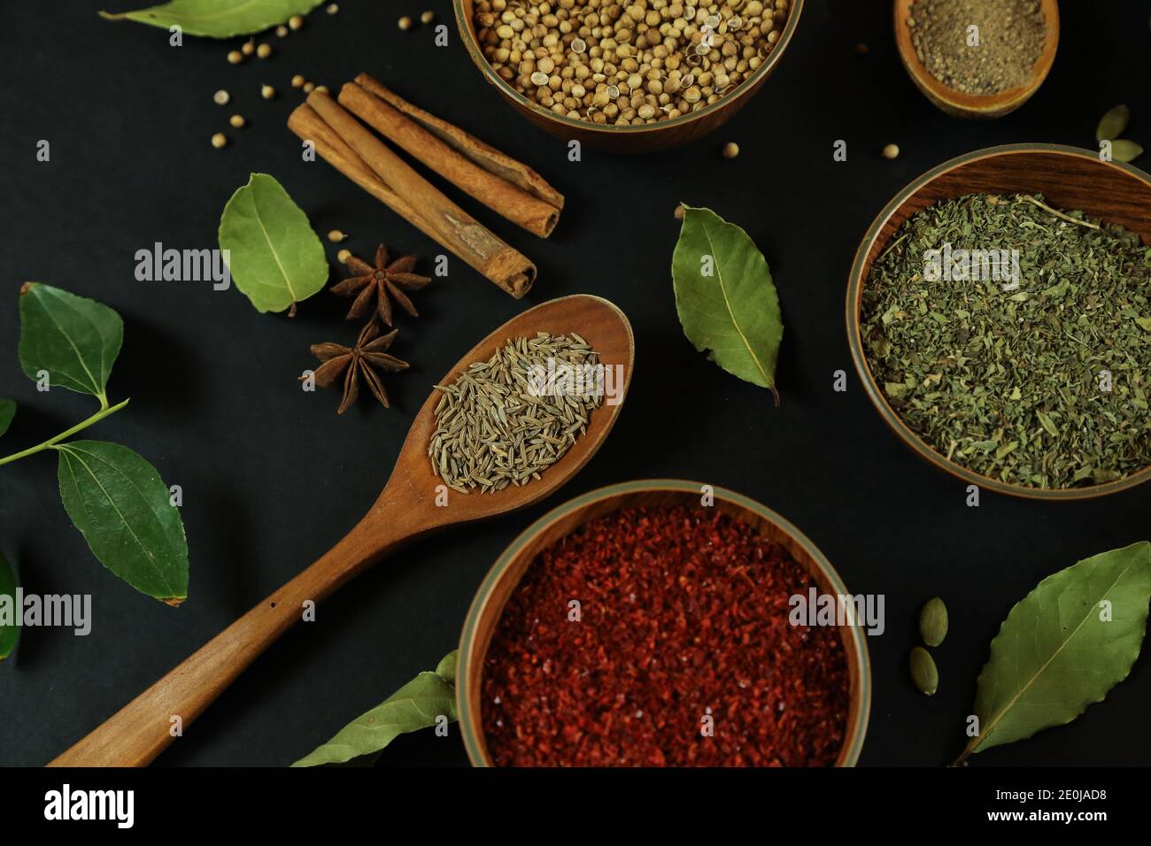 Indian spices coriander chili ginger turmeric cumin hi-res stock ...