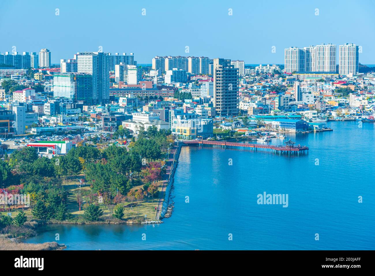 SOKCHO, KOREA, OCTOBER 27, 2019: Cityscape of Sokcho behind Cheongchoho ...