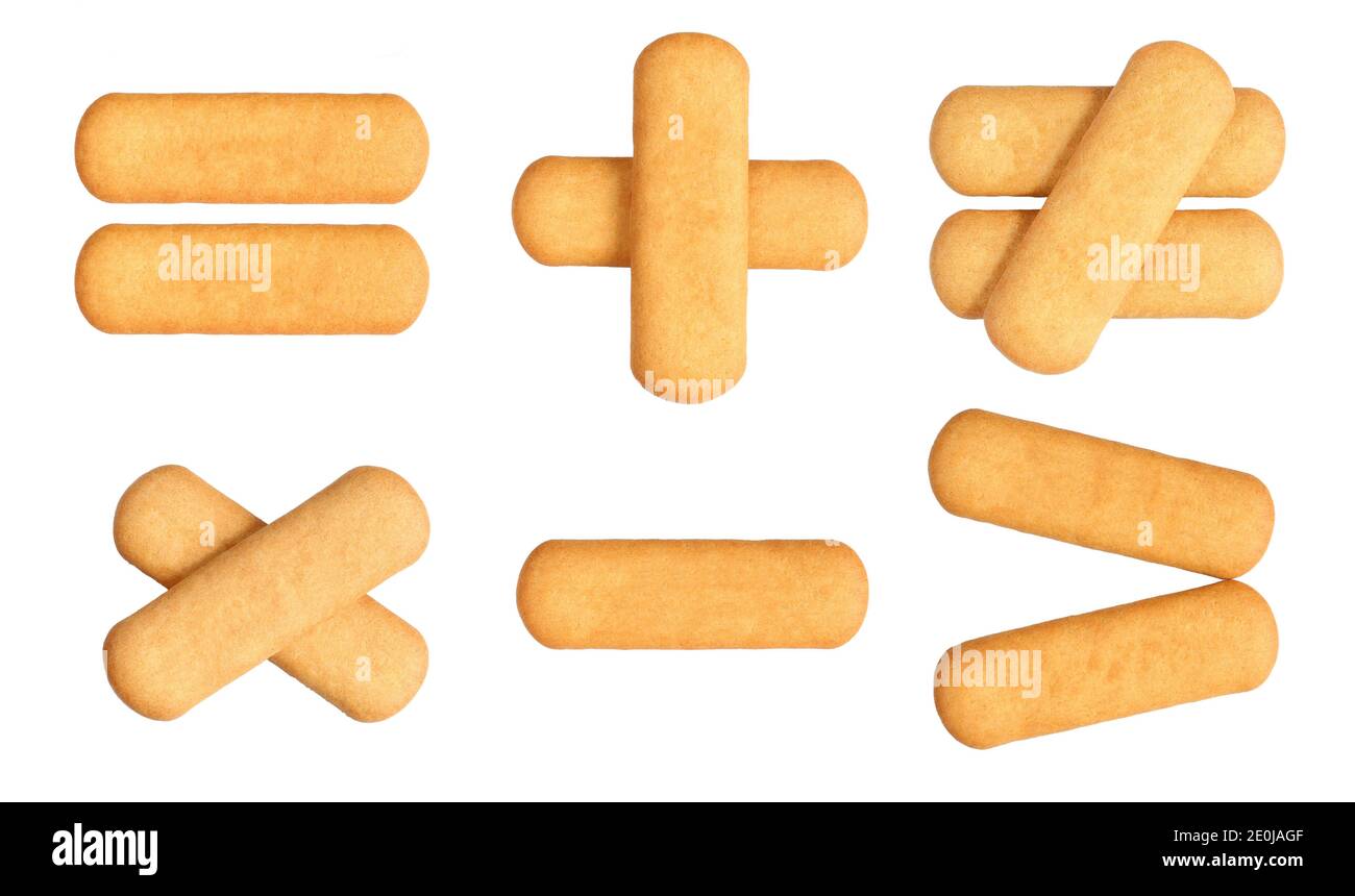 Six mathematical signs made of stick biscuits. Fun and educational ...