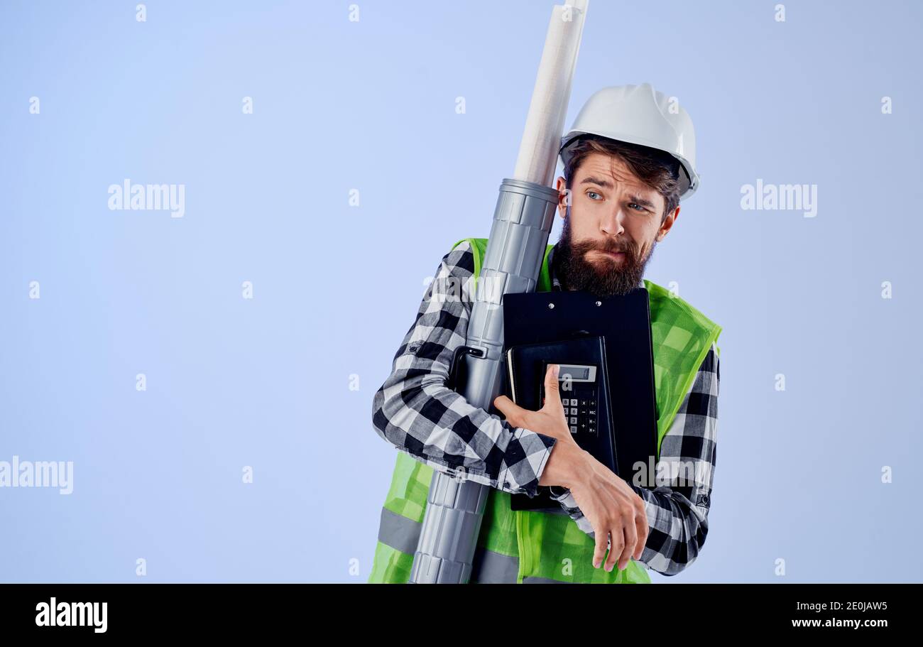 man in working form drawings documents professional work construction ...