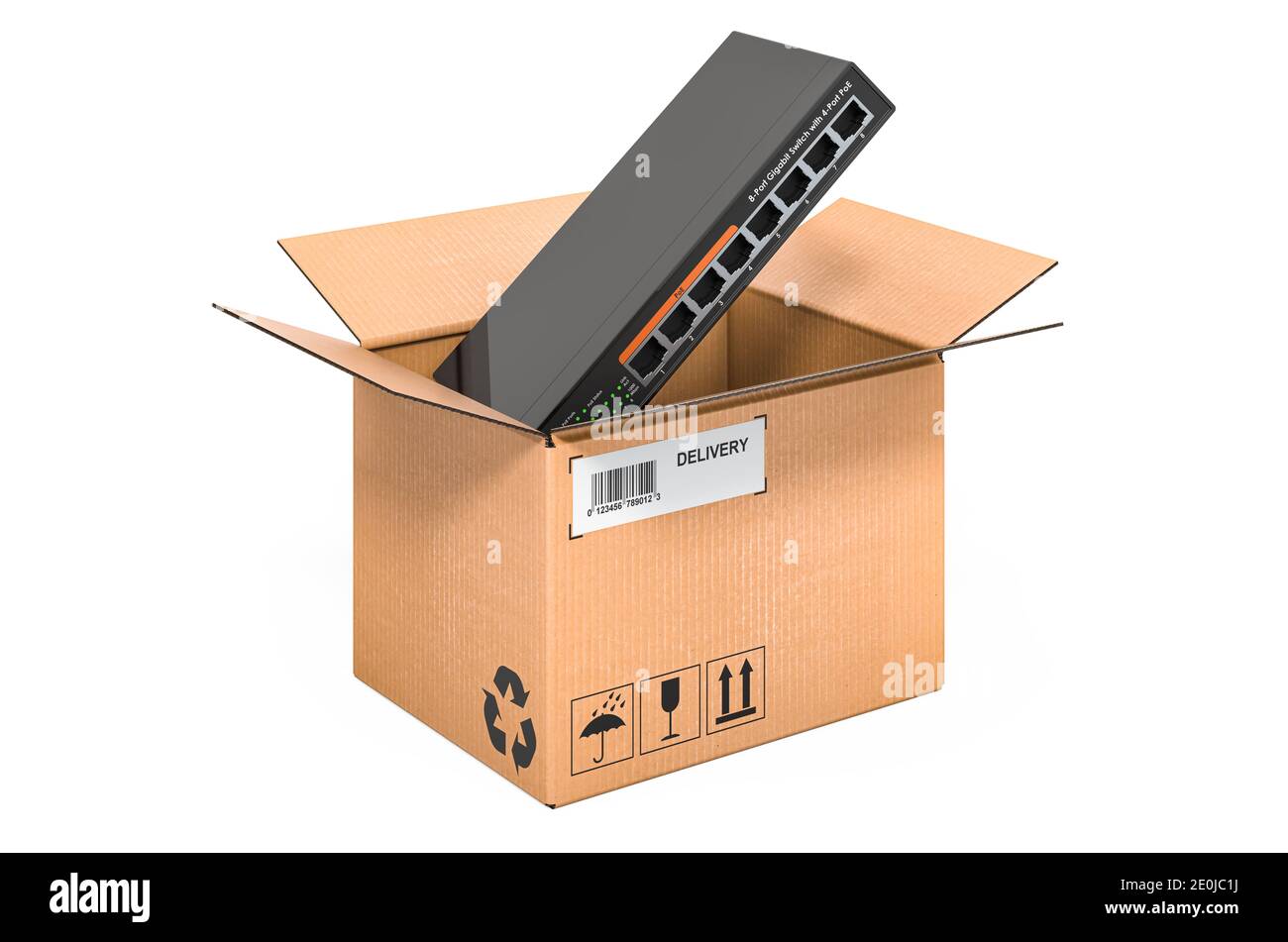 Network switch inside cardboard box, delivery concept. 3D rendering ...