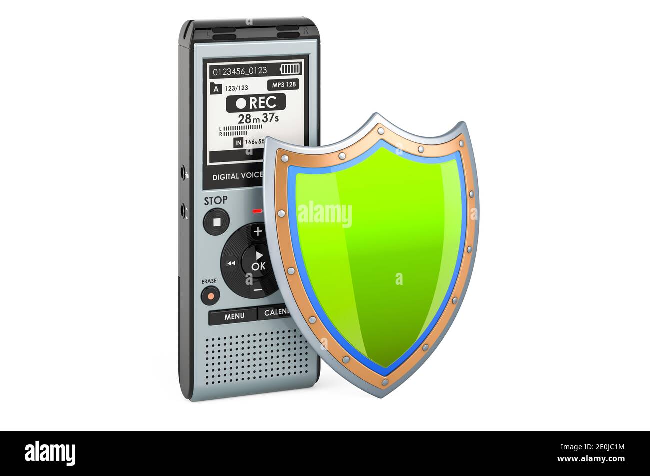 Digital voice recorder with shield, 3D rendering isolated on white ...