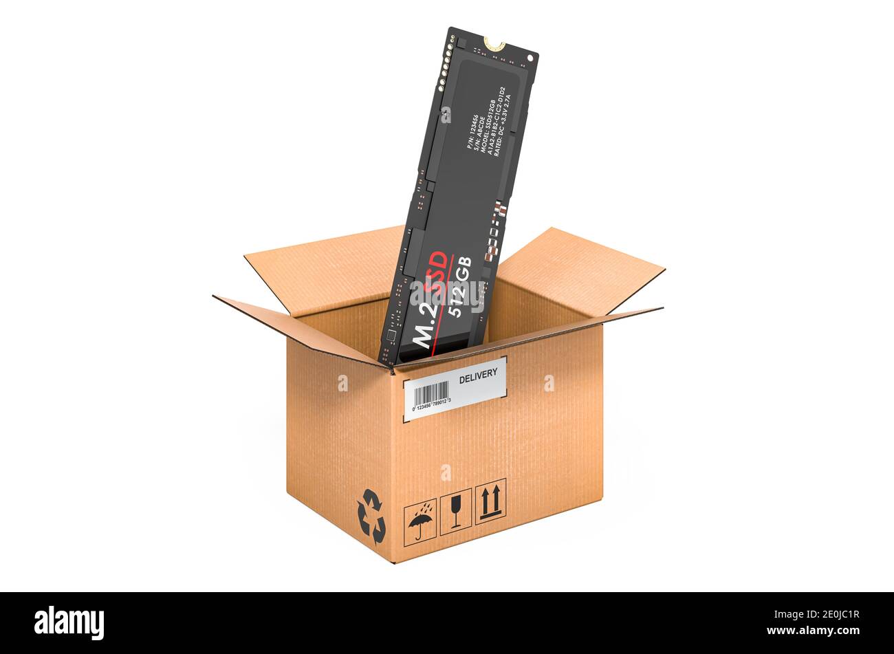 M2 SSD inside cardboard box, delivery concept. 3D rendering isolated on ...