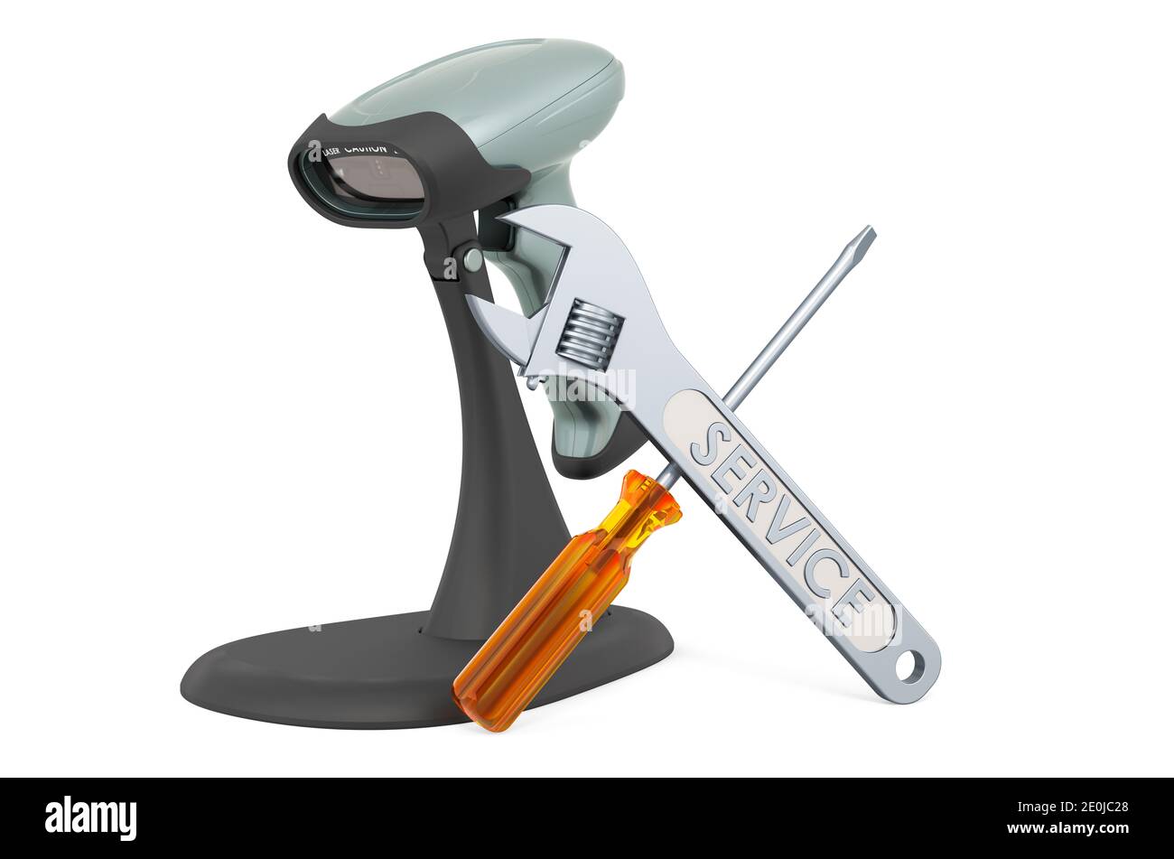 Service and repair of bar code scanner, 3D rendering isolated on white ...