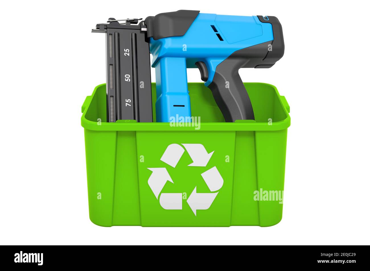 Recycling trashcan with electric brad nailer, 3D rendering isolated on ...