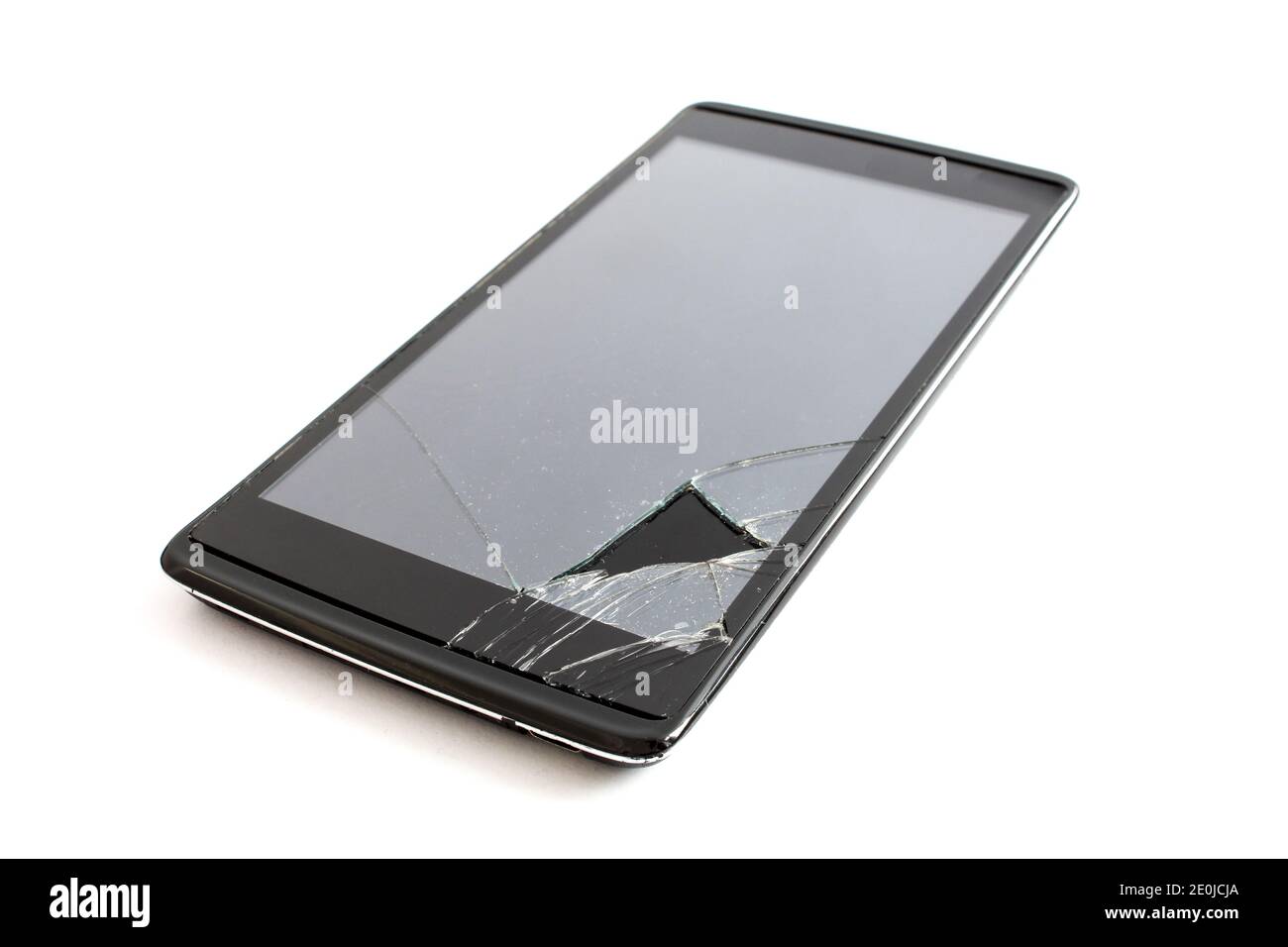 Smartphone with broken screen isolated on white background. Black phone ...